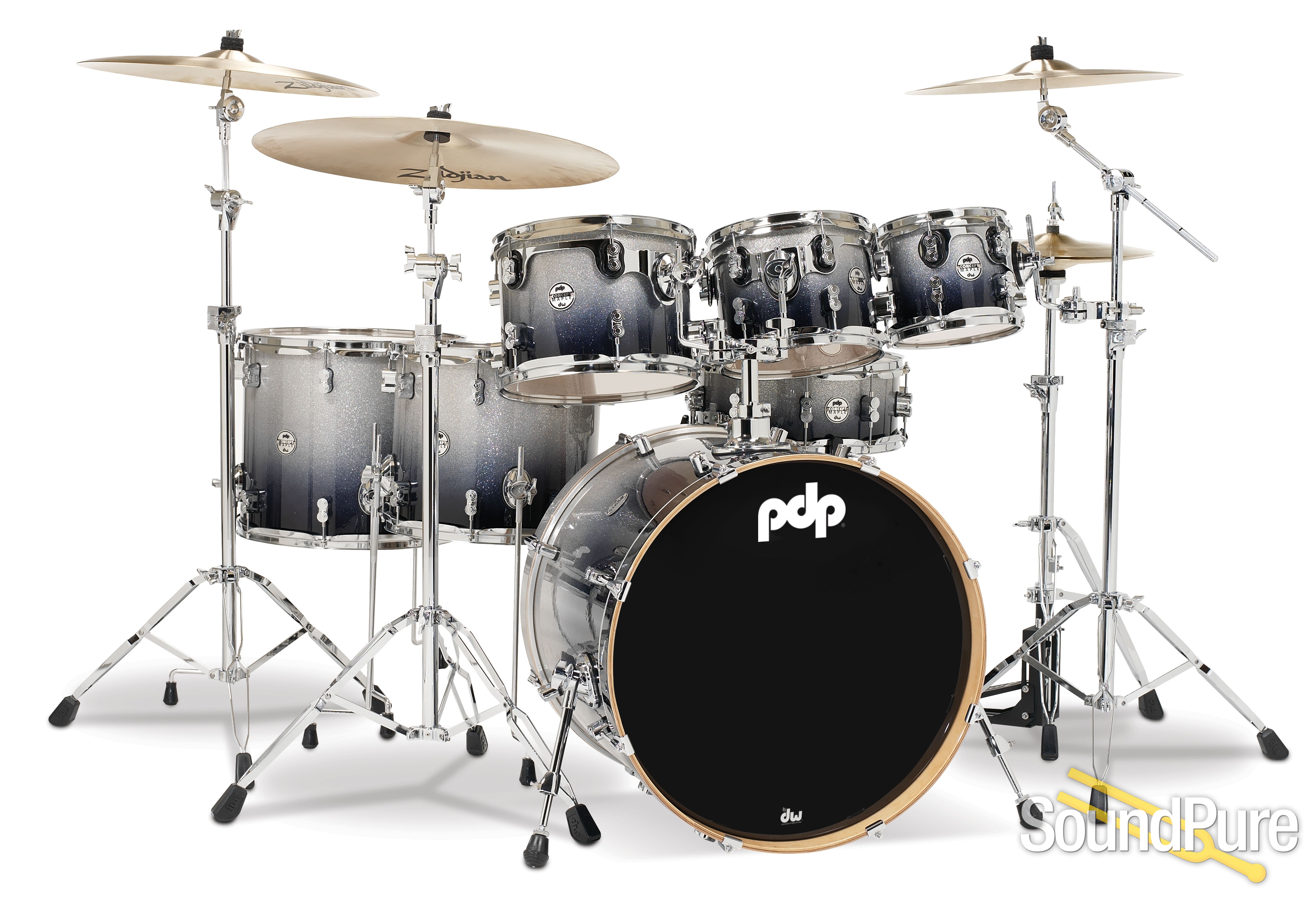 Pdp 7pc Concept Maple Drum Set By Dw Silver To Black